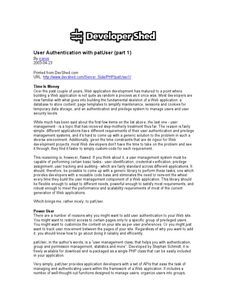 Developer Shed Network Server Side Php User Authentication With Patuser Part 1 Pdf