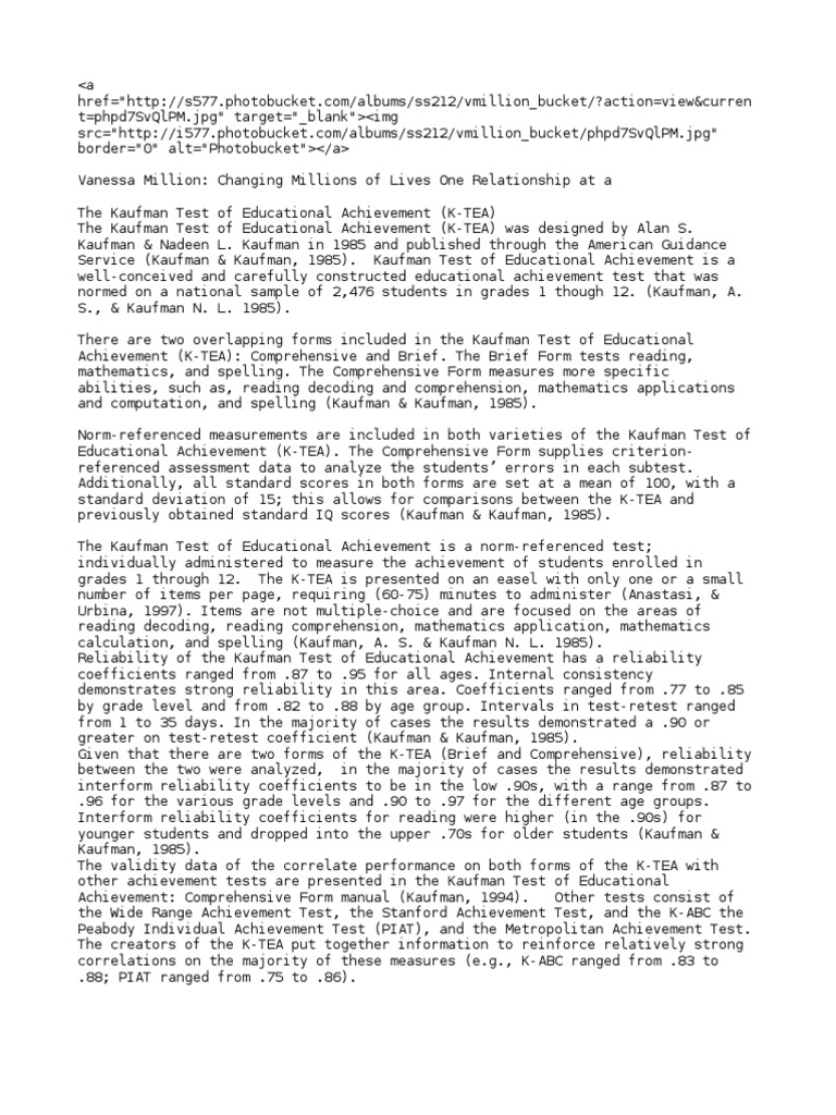 The Kaufman Test of Educational Achievement (K-TEA) | PDF | Validity ...