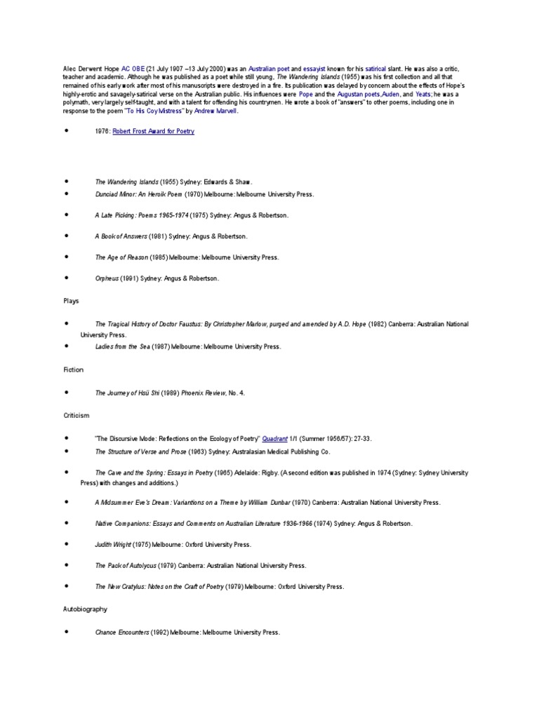 Australian poet Alec Derwent Hope | PDF | Poetry