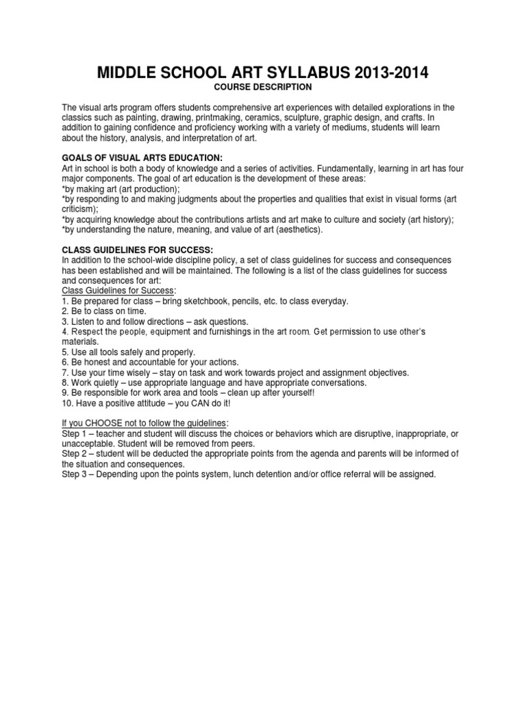 Middle School Art Syllabus 2013-2014 | PDF | Visual Arts Education ...