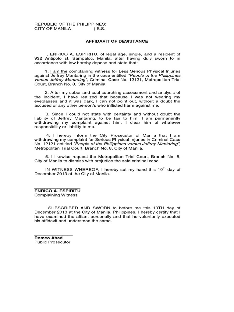 Affidavit of Desistance in Case No. 12121 | PDF