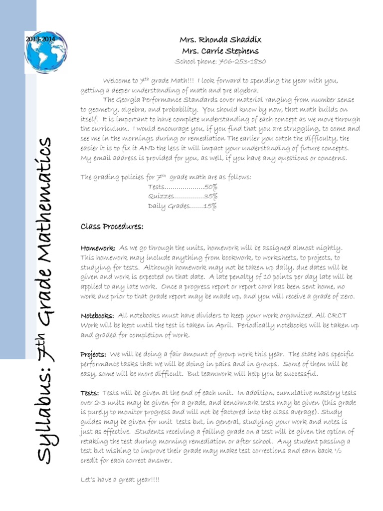 7th Grade Math Syllabus | PDF | Homework | Teaching Mathematics