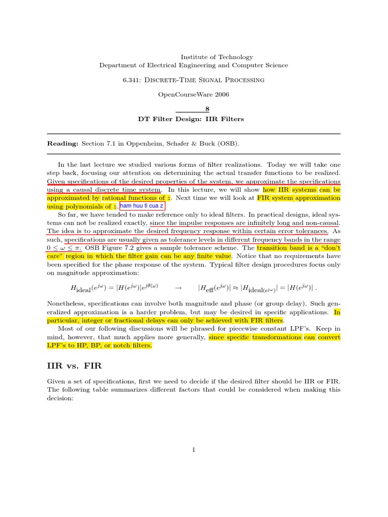 IIR Vs FIR | PDF | Electronics | Mathematical Concepts