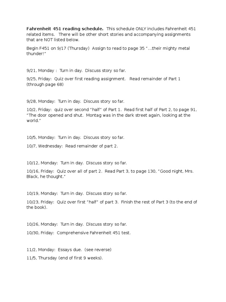Fahrenheit 451 Reading Schedule | PDF | Internet