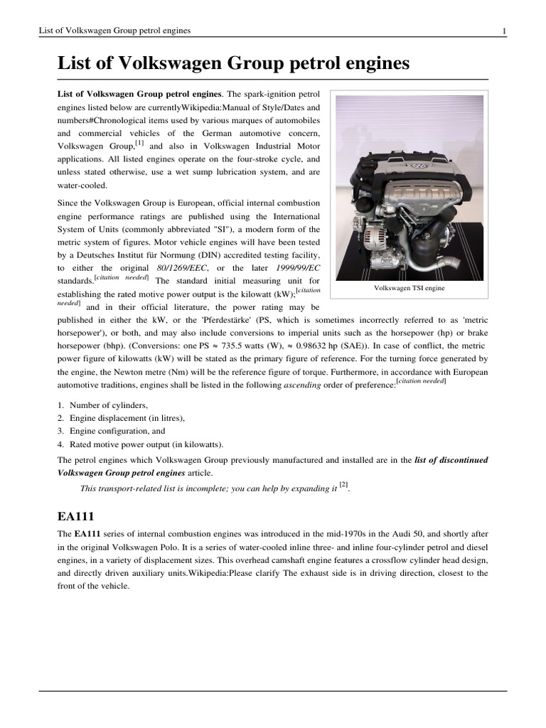 List of Volkswagen Group Petrol Engines | PDF | Internal Combustion ...