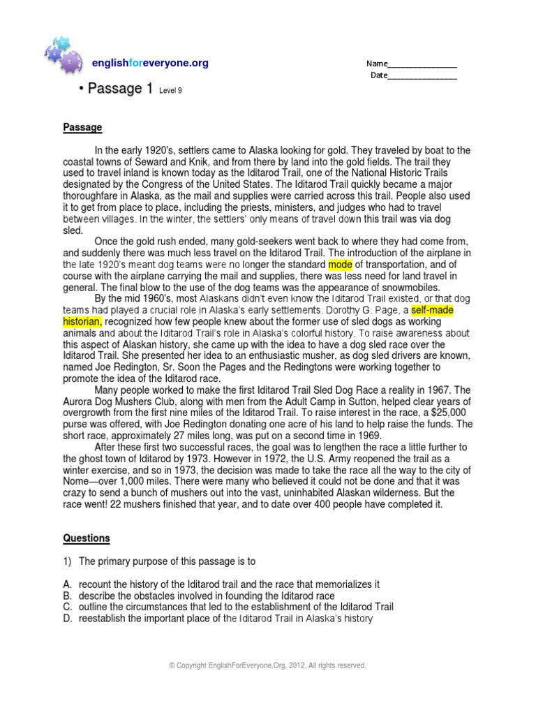 Level 9 Passage 1 | PDF | Iditarod Trail Sled Dog Race | Dog Sledding