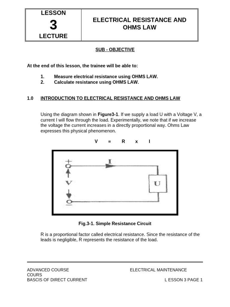 Lesson Electrical Resistance and Ohms LAW | Download Free PDF ...