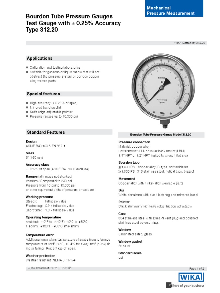 Bourdon Tube Pressure Gauges Test Gauge With 0.25% Accuracy Type 312.20 ...