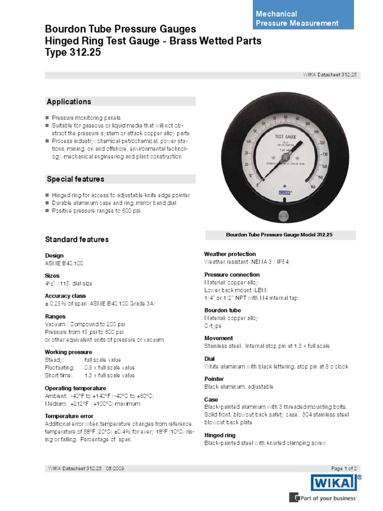 Bourdon Tube Pressure Gauges Hinged Ring Test Gauge - Brass Wetted ...