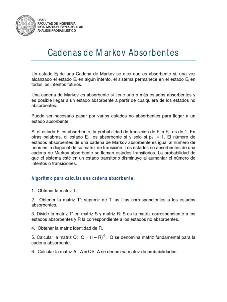 Cadenas de Markov Absorbentes: Conceptos y Algoritmo | PDF