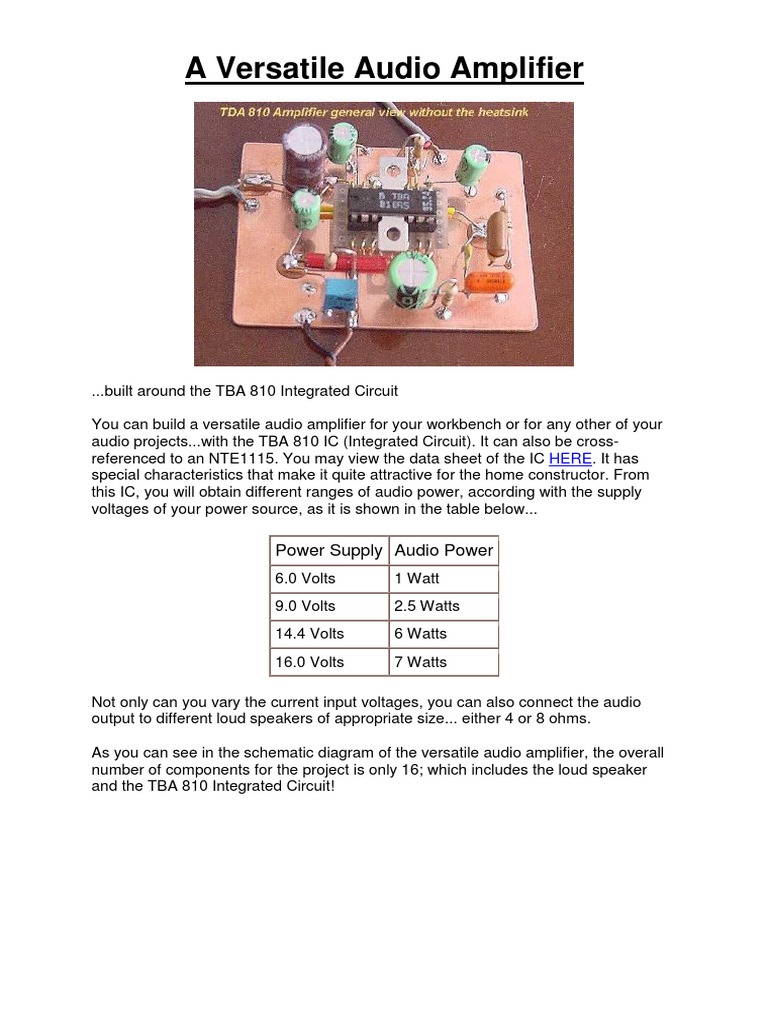 Versatile Audio Amplifier (TBA810) | PDF | Amplifier | Electronic Circuits