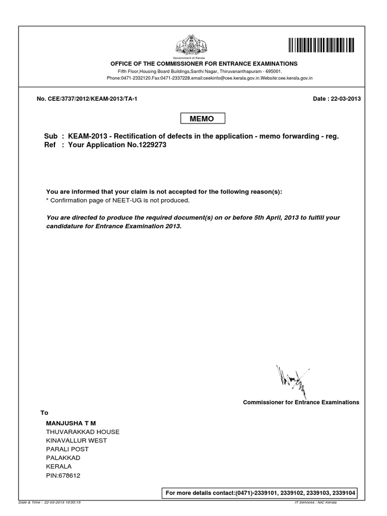 Sub: KEAM-2013 - Rectification of Defects in The Application - Memo Forwarding - Reg. Ref: Your ...