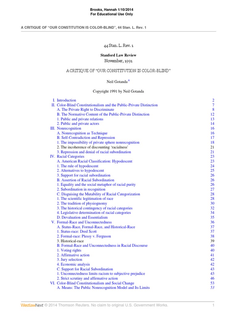 A CRITIQUE OF "OUR CONSTITUTION IS COLOR-BLIND", Neil Gotanda | PDF ...