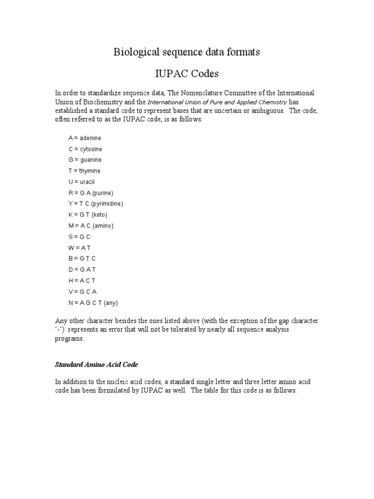 Biological Sequence Data Formats IUPAC Codes: Standard Amino Acid Code ...