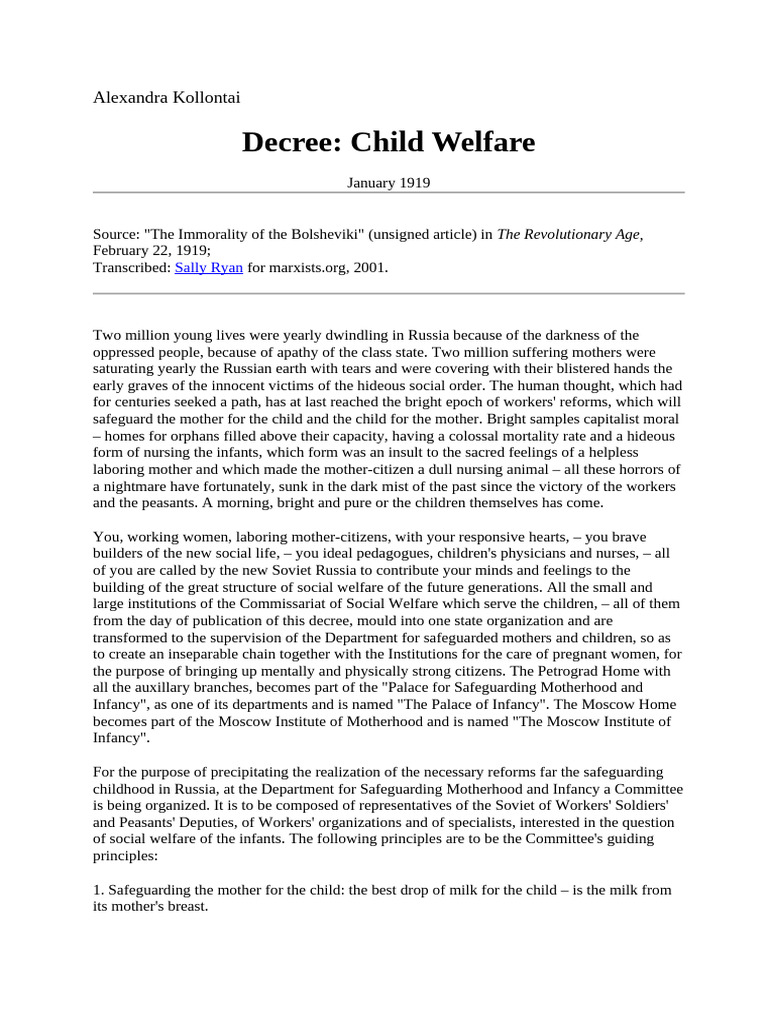 Decree: Child Welfare: Alexandra Kollontai | PDF | Politics (General)