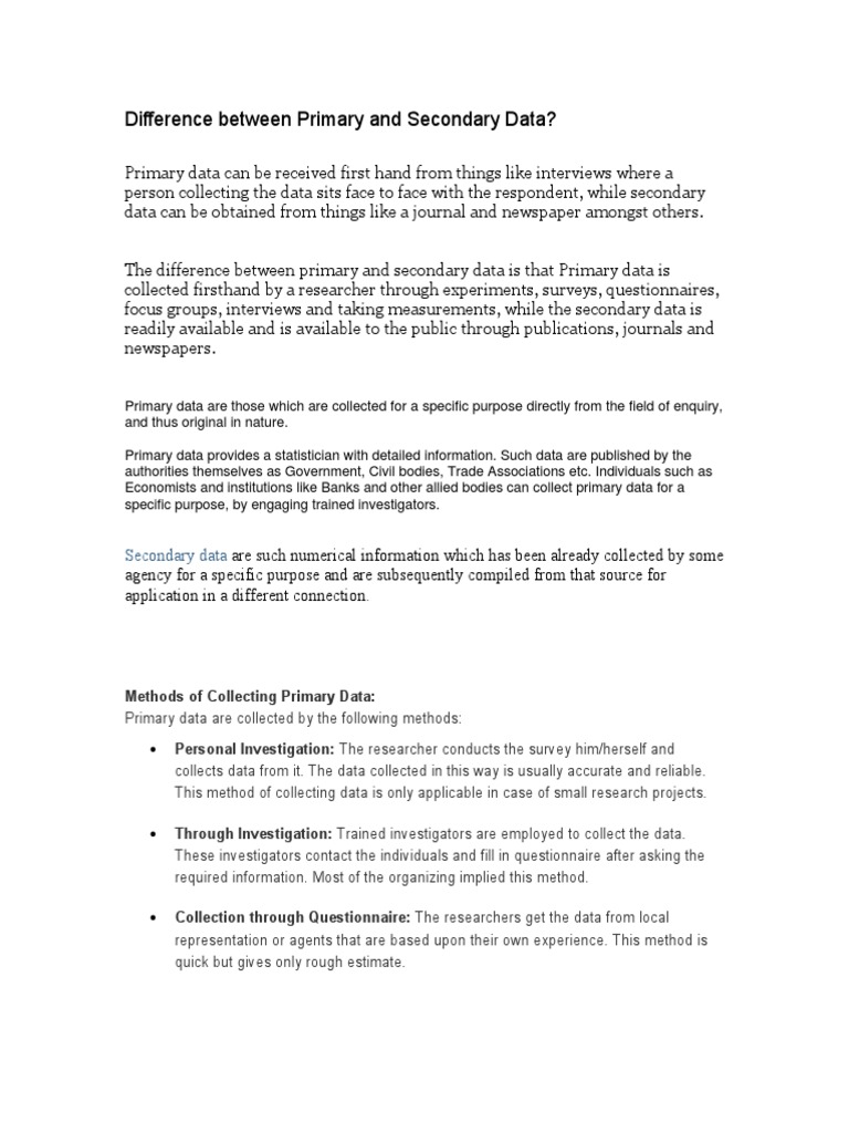 Primary vs. Secondary Data Explained | PDF | Survey Methodology ...