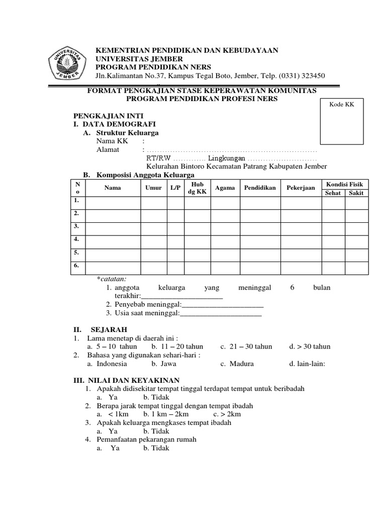 Format Pengkajian Stase Keperawatan Komunitas | PDF | Ilmu Sosial | Gaya Hidup