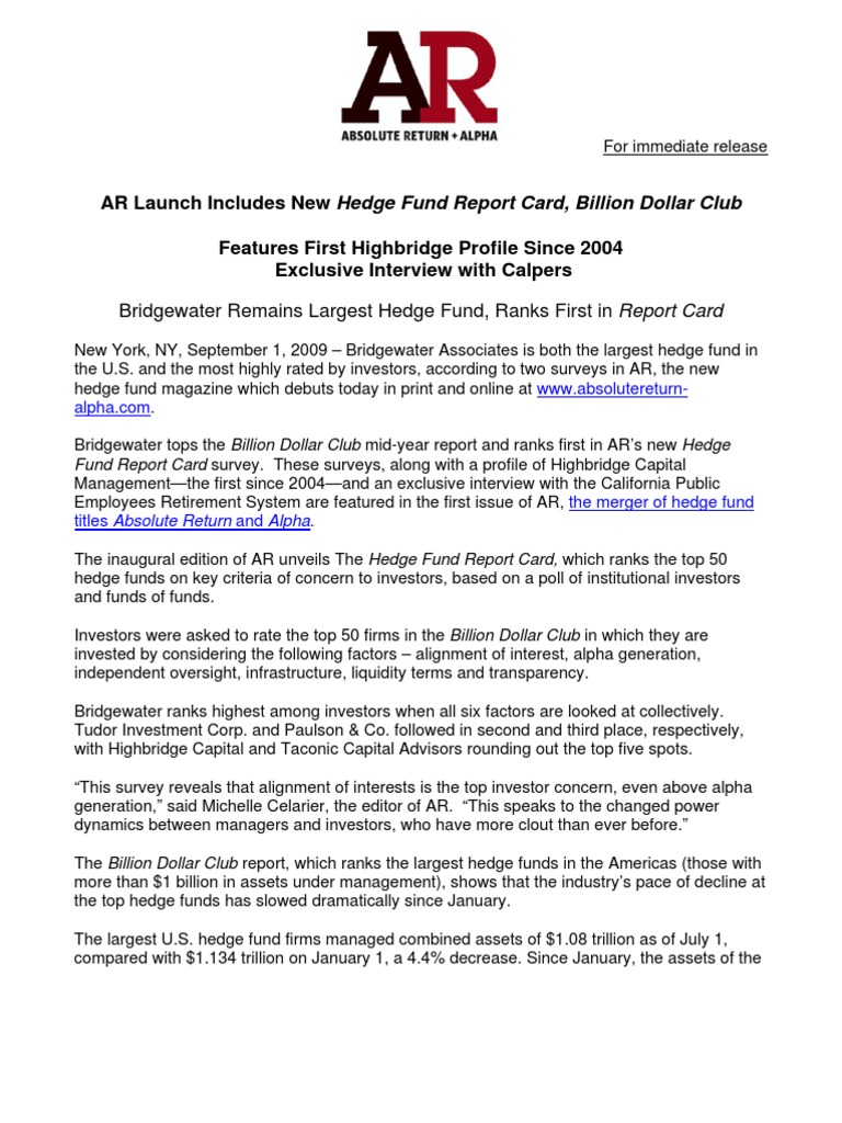 AR: Absolute Return + Alpha. Press Release. Billion Dollar Club & Hedge ...