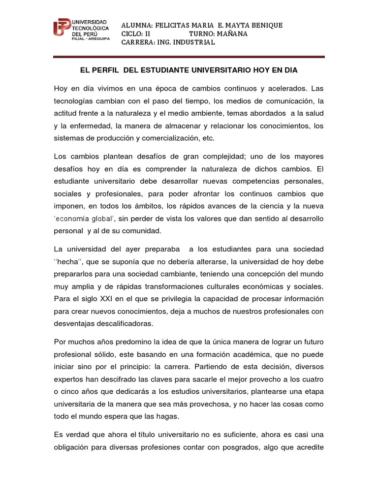 Ensayo - La Vida Del Estudiante Universitario | PDF | Universidad ...