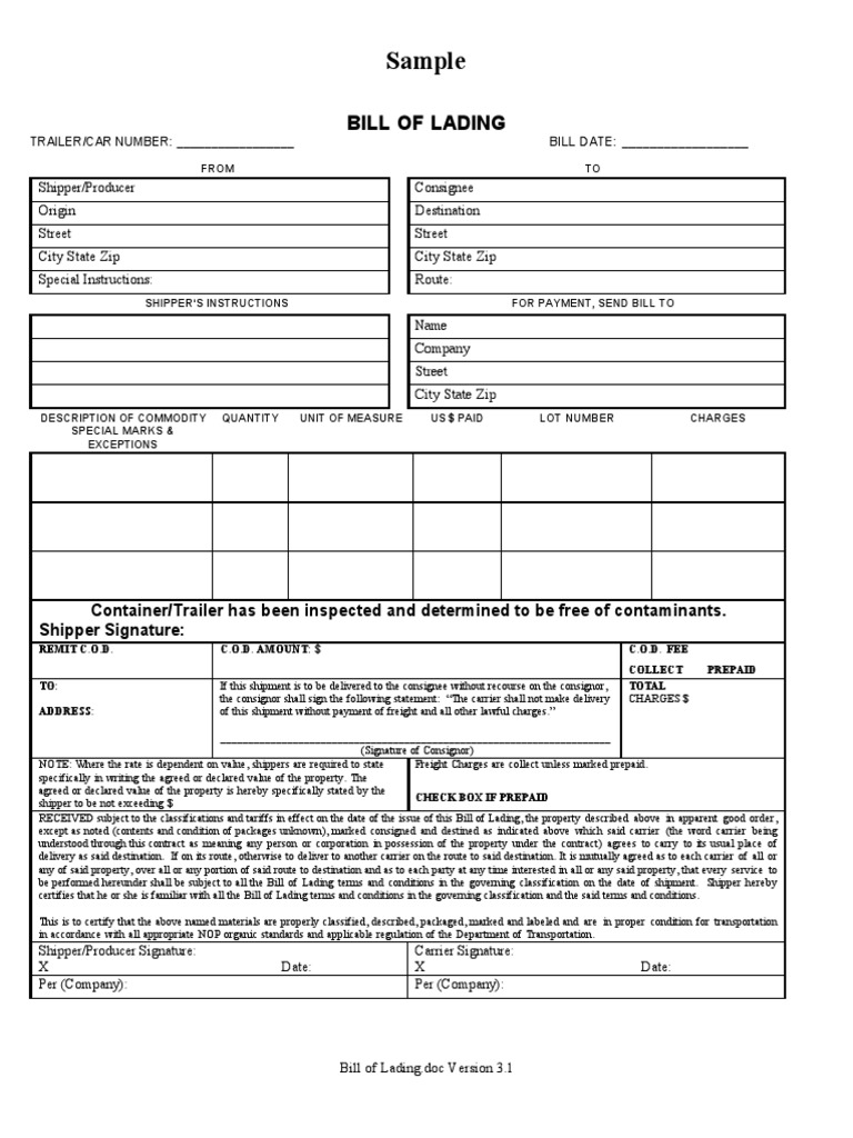 Sample Bill of Lading Template | PDF | Cargo | Bill Of Lading