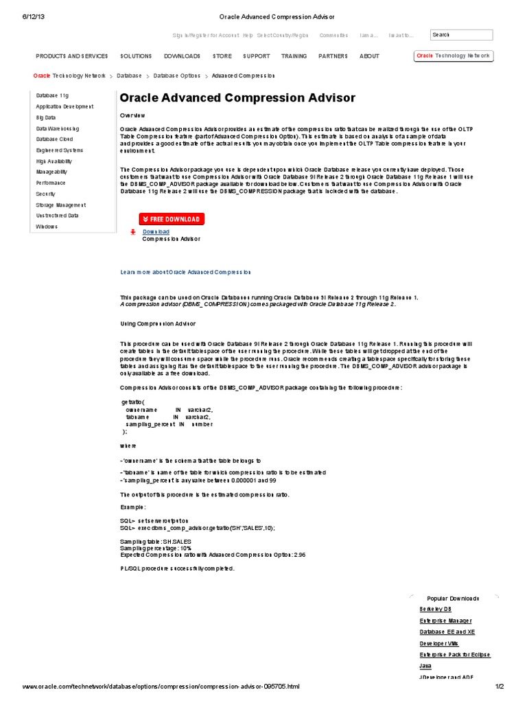 Oracle Advanced Compression Advisor Pdf Oracle Corporation Databases