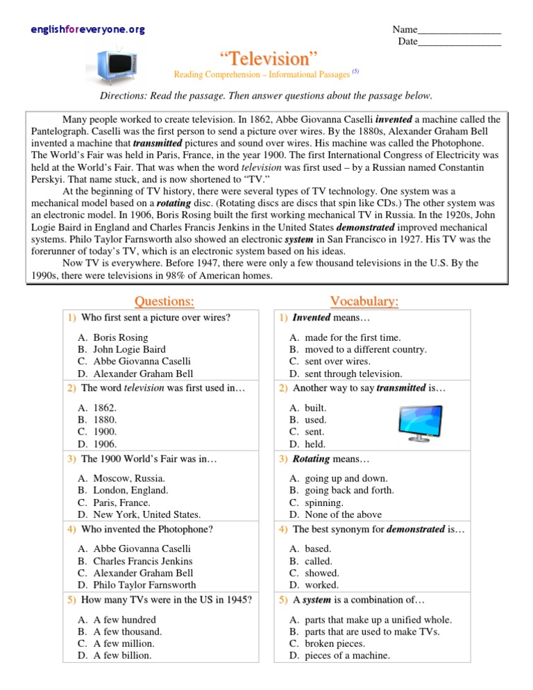 Television Worksheet | PDF | Television | Electronics