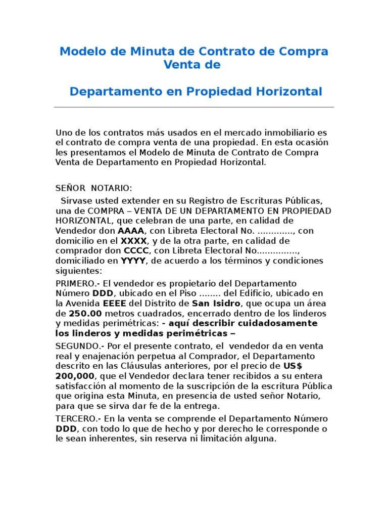 Modelo De Minuta De Contrato De Compra Venta De Propiedad Hipoteca