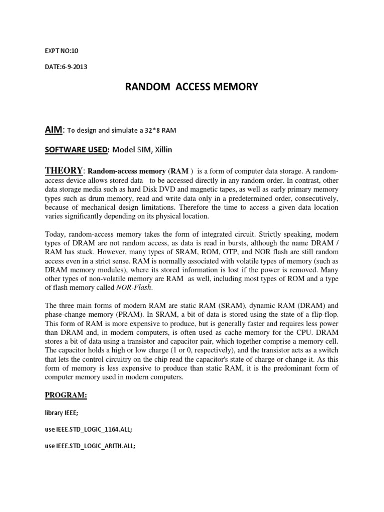 Random Access Memory: SOFTWARE USED: Model SIM, Xillin Theory | PDF ...