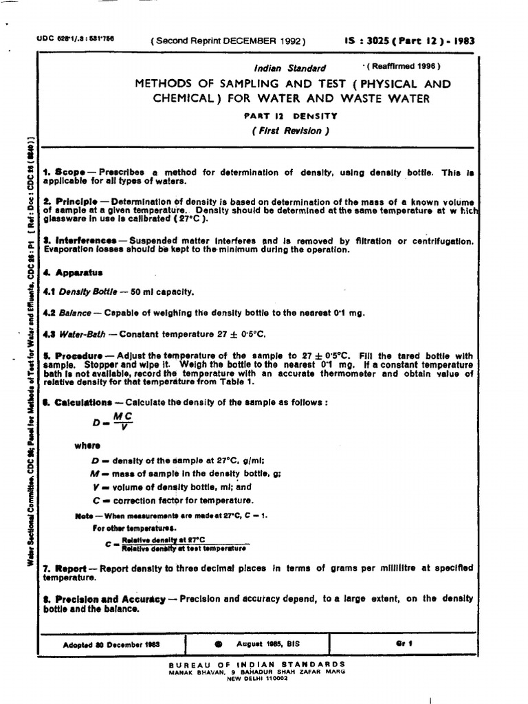 Is 3025 PART 12 1983 Method Of Sampling Test For Water Waste
