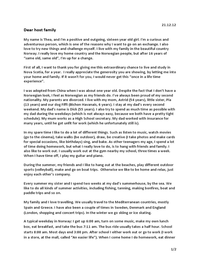 Letter To The Host Family Explorus Secondary School