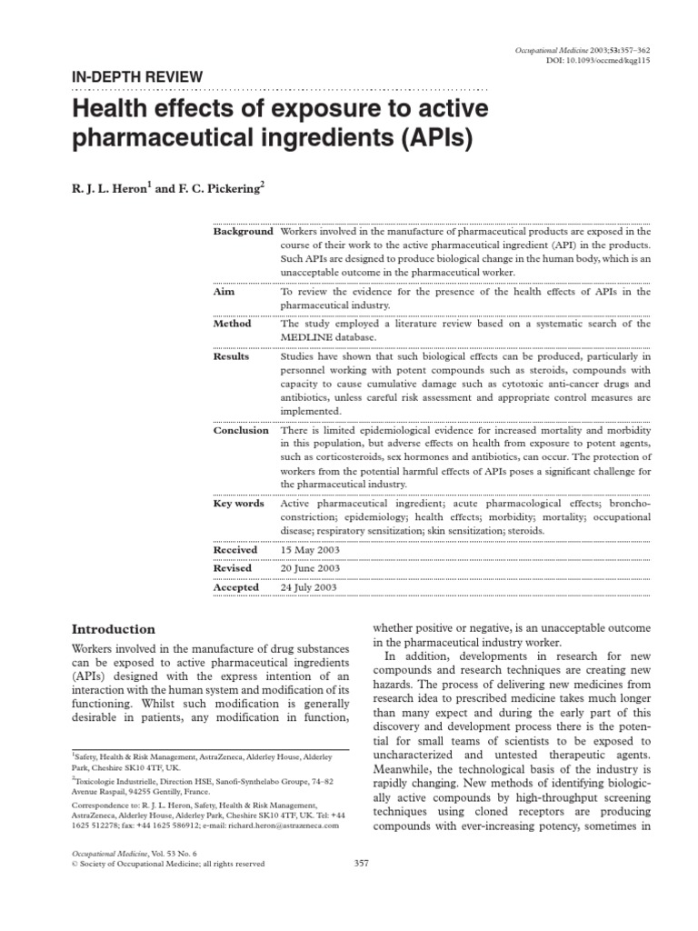 Health Effects of Exposure To Active Pharmaceutical Ingredients (APIs ...