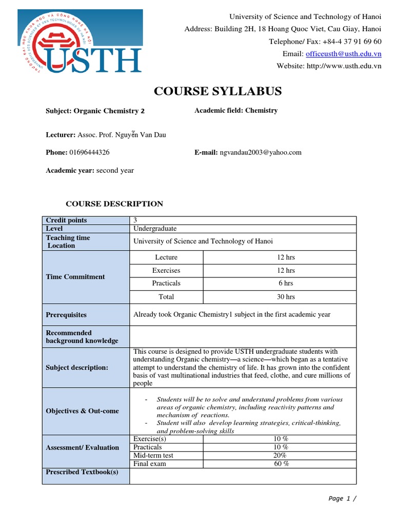 Organic Chemistry 2 - Syllabus - USTH | PDF | Organic Chemistry | Chemistry