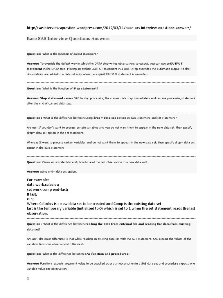Sas Interview Question | Download Free PDF | Sas (Software) | Parameter (Computer Programming)