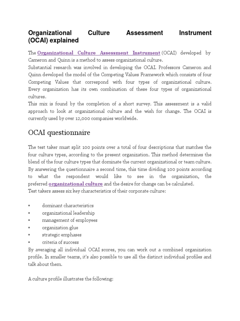 Organizational Culture Assessment Instrument | Organizational Culture ...