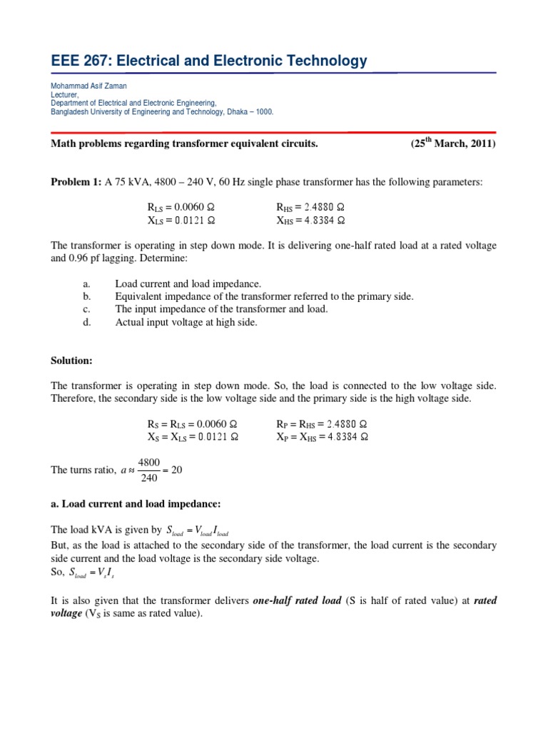 EEE267 Transformer Math Problems | Transformer | Electrical Impedance