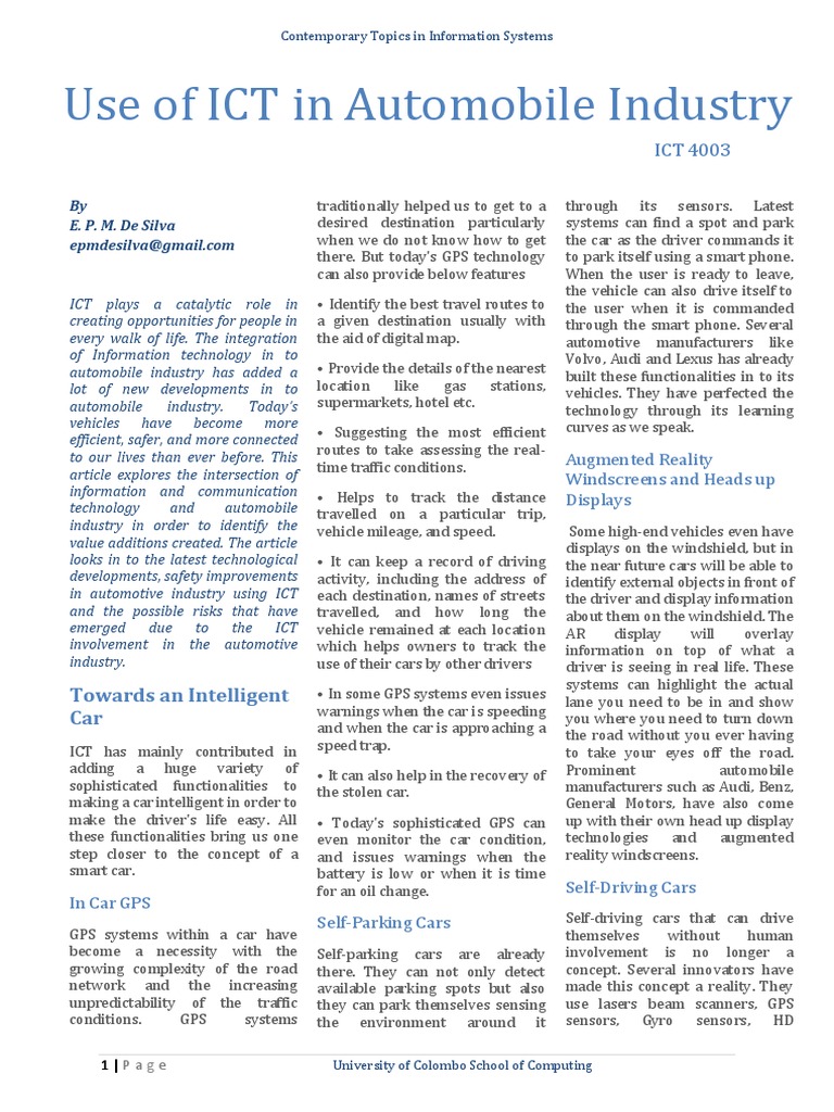 Use of ICT in Automobile Industry | PDF | Car | Automobiles