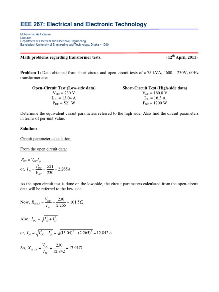 EEE267 Transformer Tests Math Problems PDF | PDF | Electrical Network ...