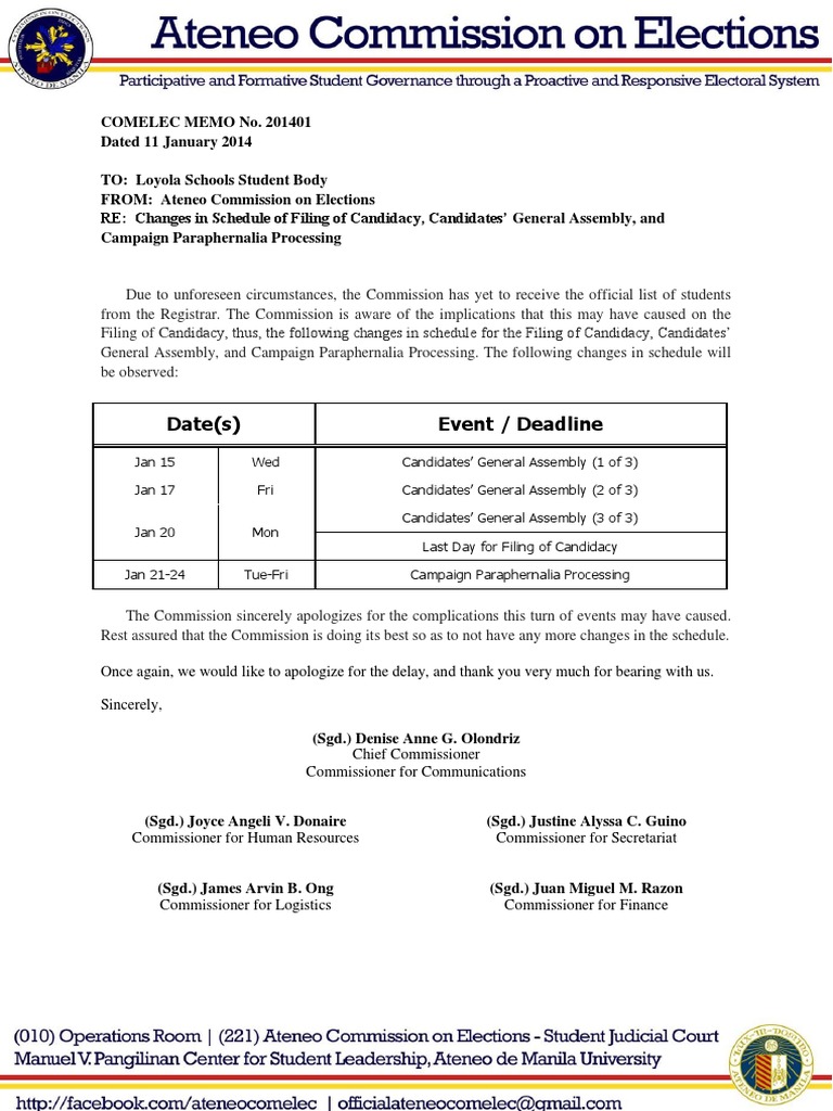 Memo 201401 - Changes in Schedule of The Filing of Candidacy ...