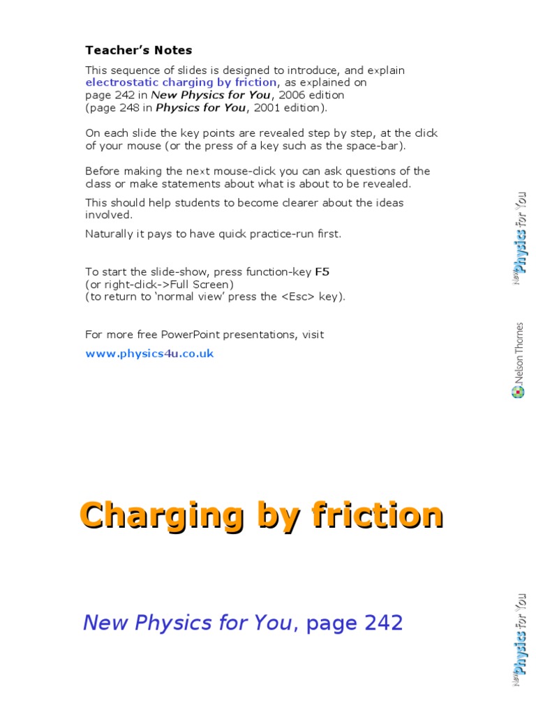 Teacher's Notes: Electrostatic Charging by Friction | PDF | Electric ...