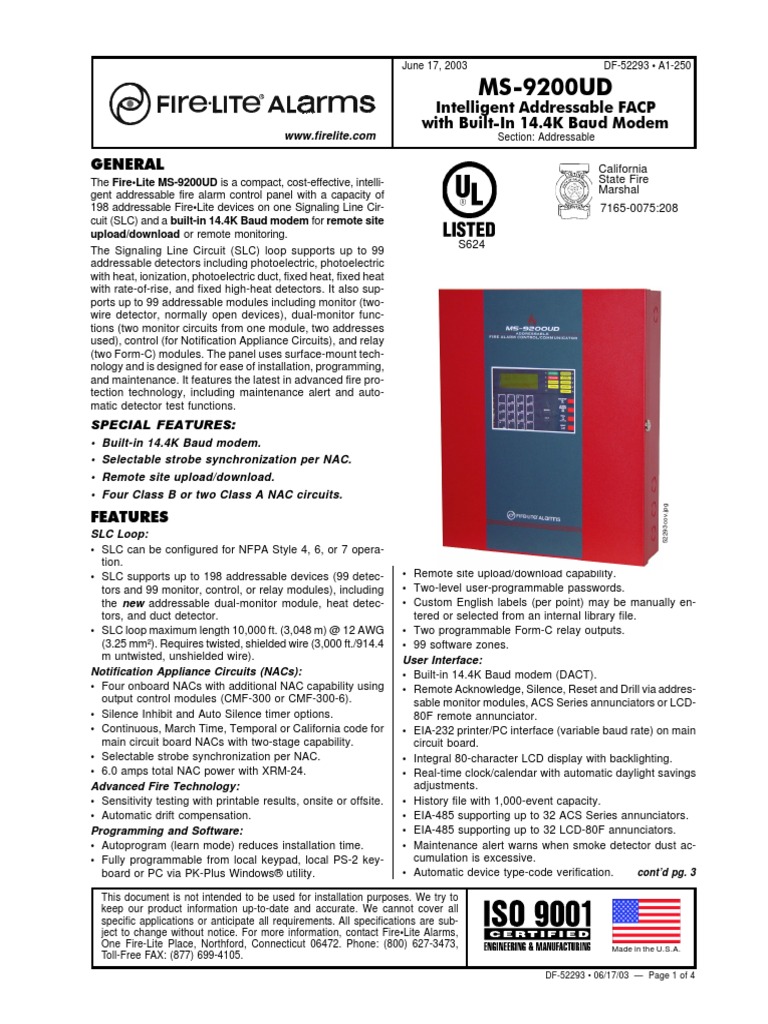MS-9200UD: Intelligent Addressable FACP with Built-In 14.4K Baud Modem ...