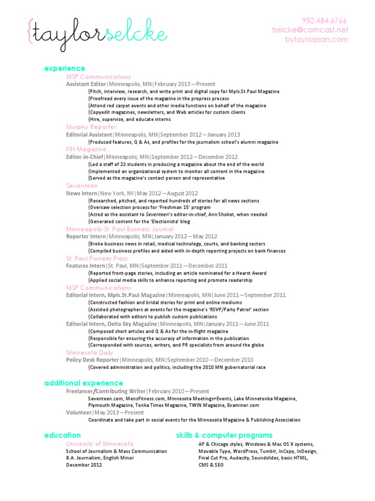 Taylor's Resume | PDF | Magazines | Publications