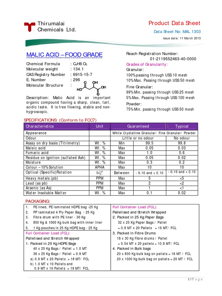 A Comprehensive Product Data Sheet for Food Grade Malic Acid | PDF ...
