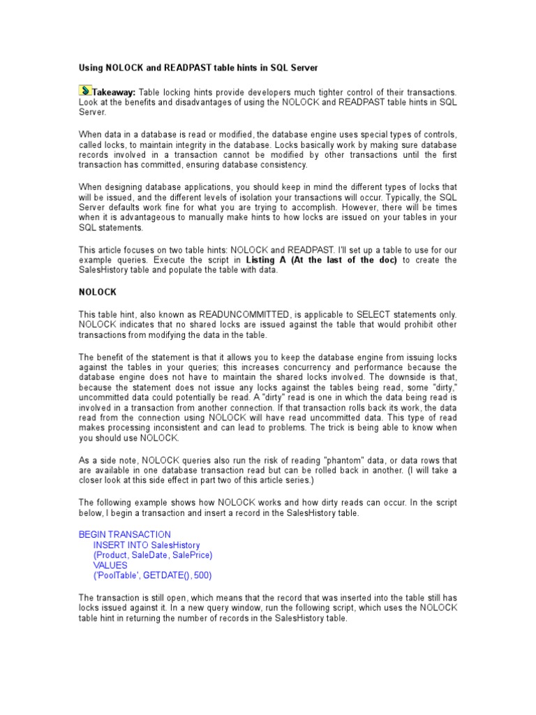 Using NOLOCK and READPAST Table Hints in SQL Server | PDF | Database Transaction | Information ...