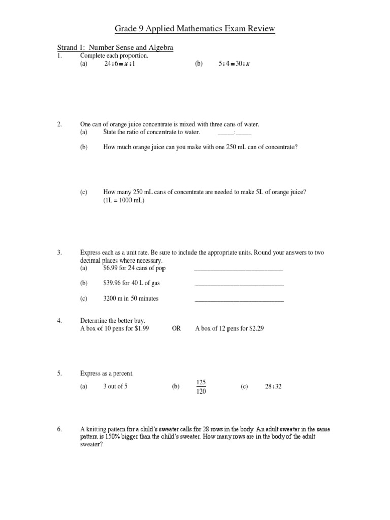 Grade 9 Applied Mathematics Exam Review: Strand 1: Number Sense and ...