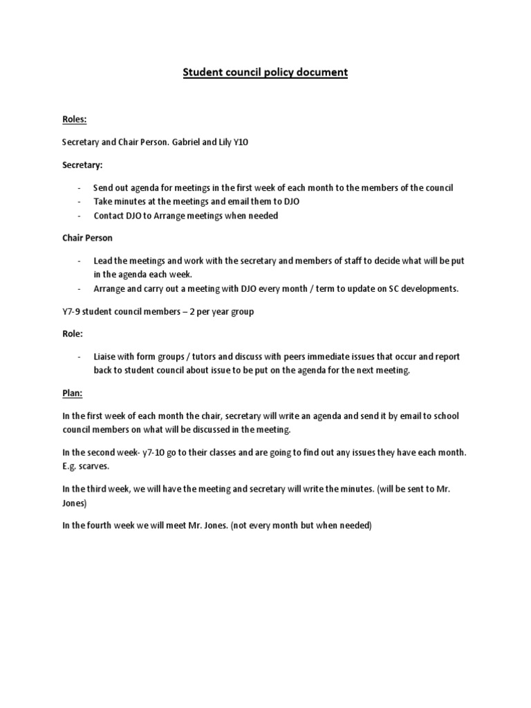 Student Council Roles and Meeting Plan | PDF | Language Arts ...