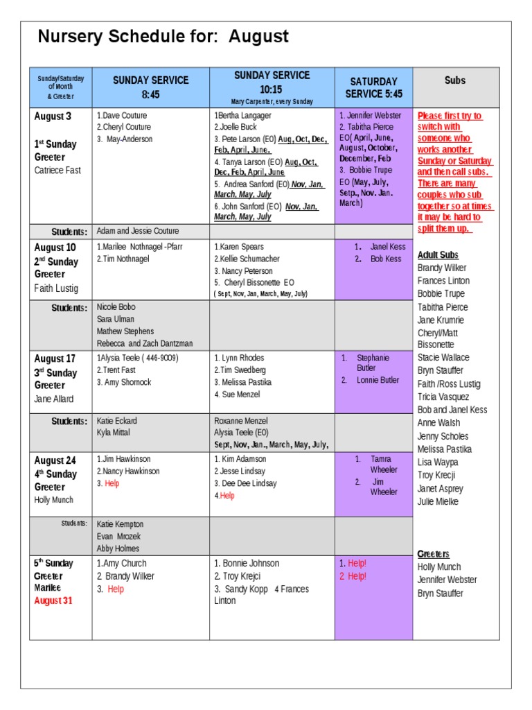 Nursery Schedule For: August | PDF | Art