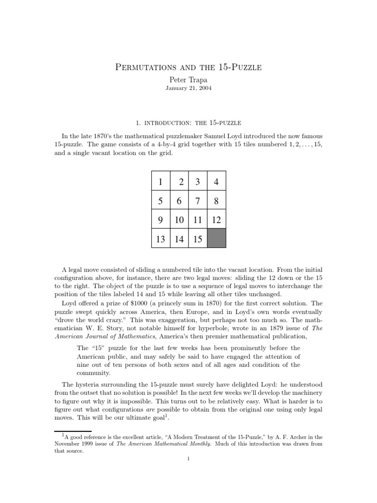 Permutations and The 15-Puzzle: Peter Trapa | PDF | Permutation ...