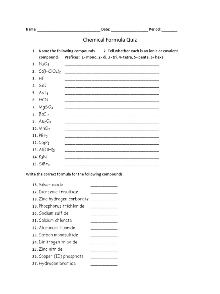 Chemical Formula Quiz | PDF | Science & Mathematics