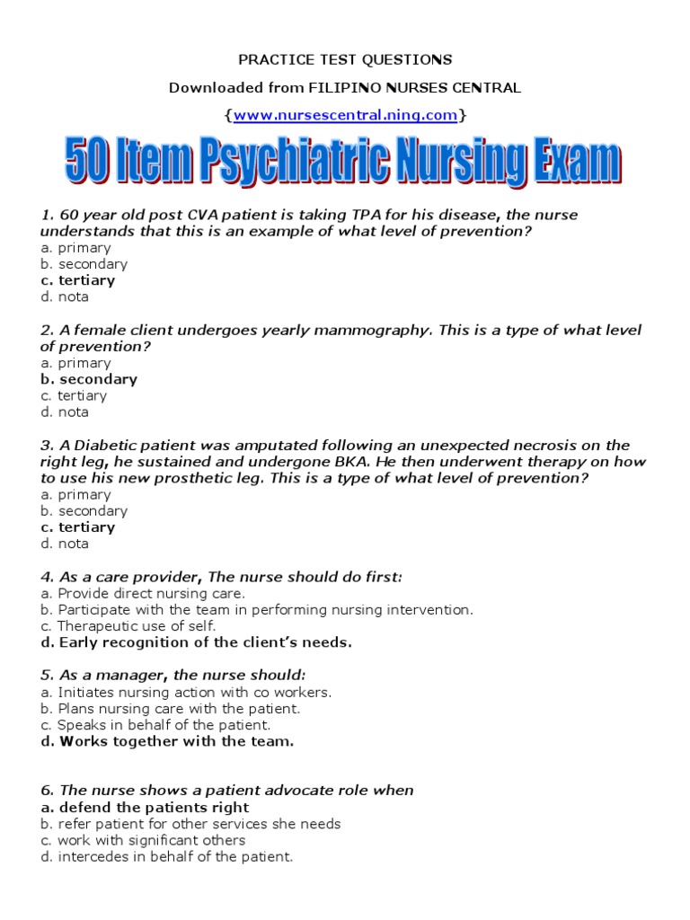 Mental Health Nursing Test Questions