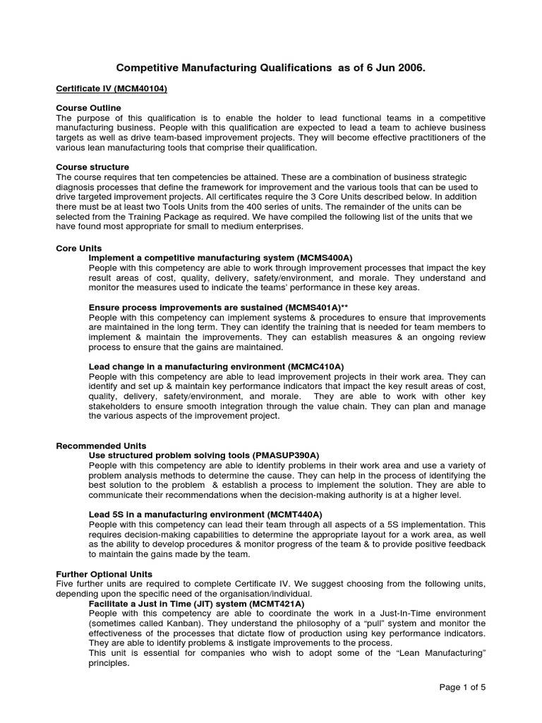 Competitive Manufacturing Qualifications As of 6 Jun 2006 | PDF ...